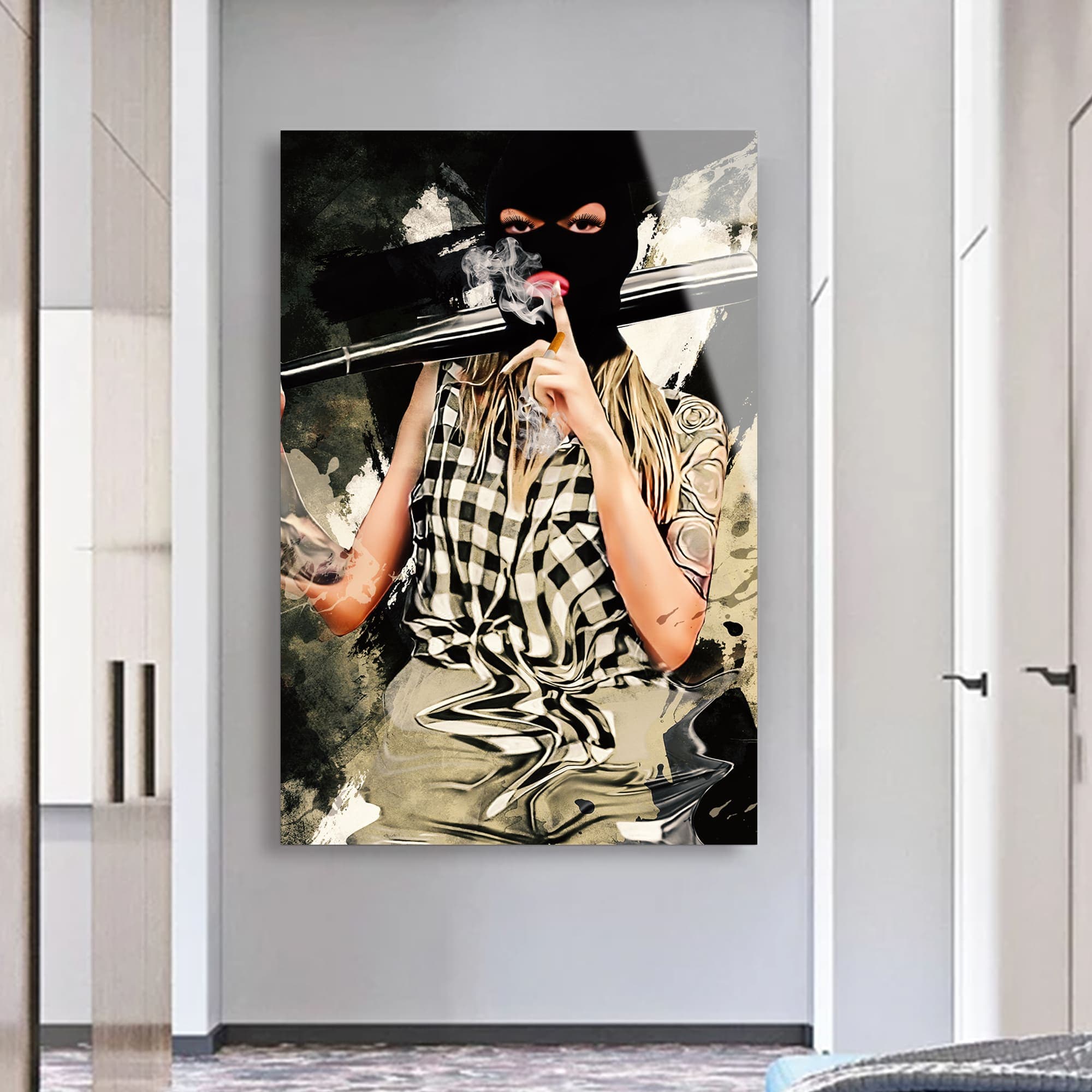 Gangsta Girl in Balaclava and Baseball Bat - Pop Art - Premium Wandbild