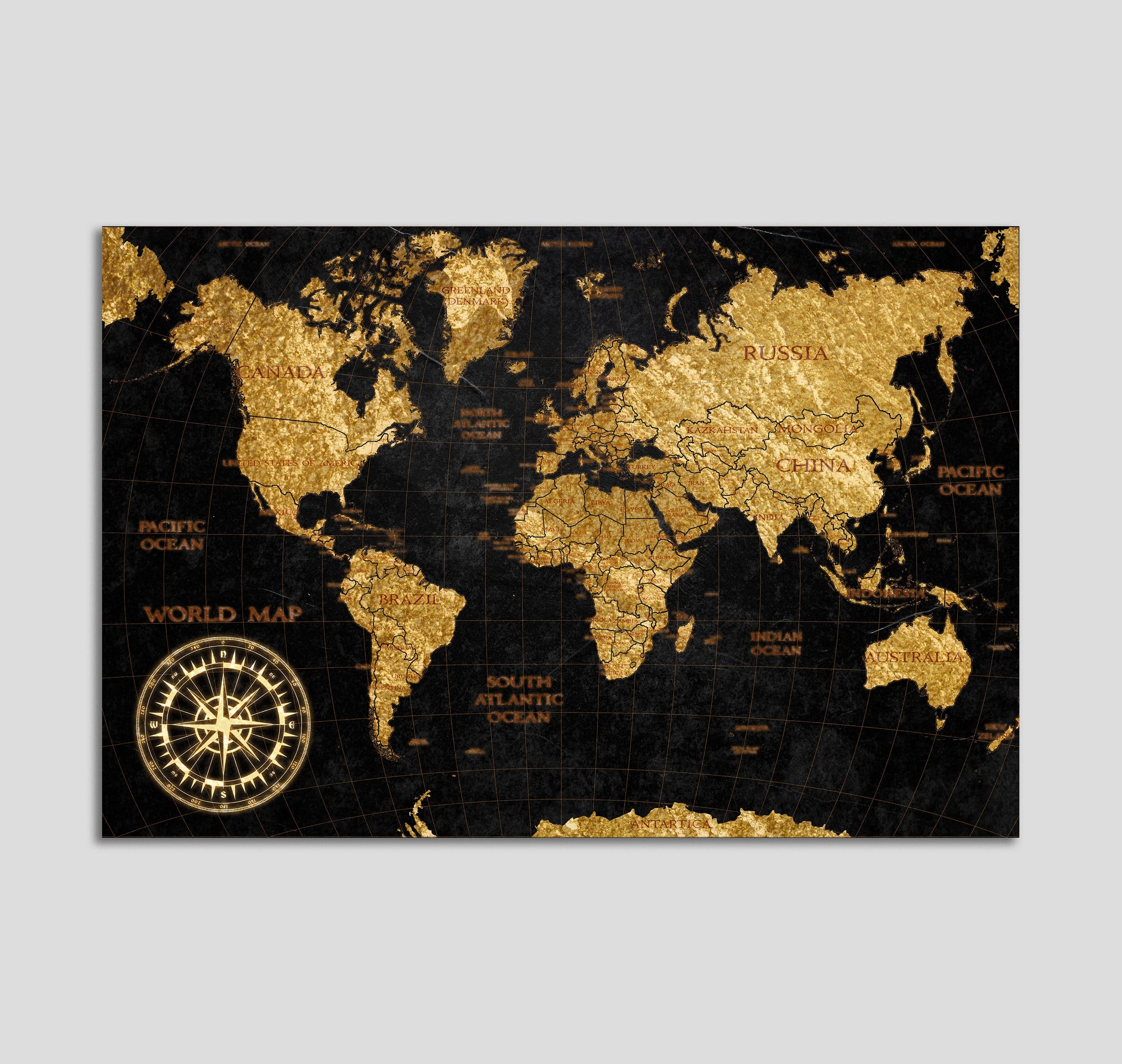 Goldene Weltkarte mit Kompass - Premium Wandbild